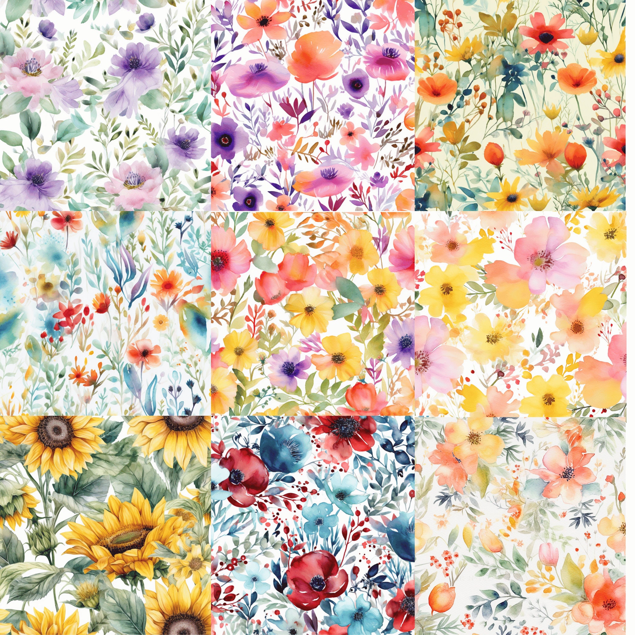 Summer Flowers Digital Paper - Watercolor Seamless Patterns - 10 ...