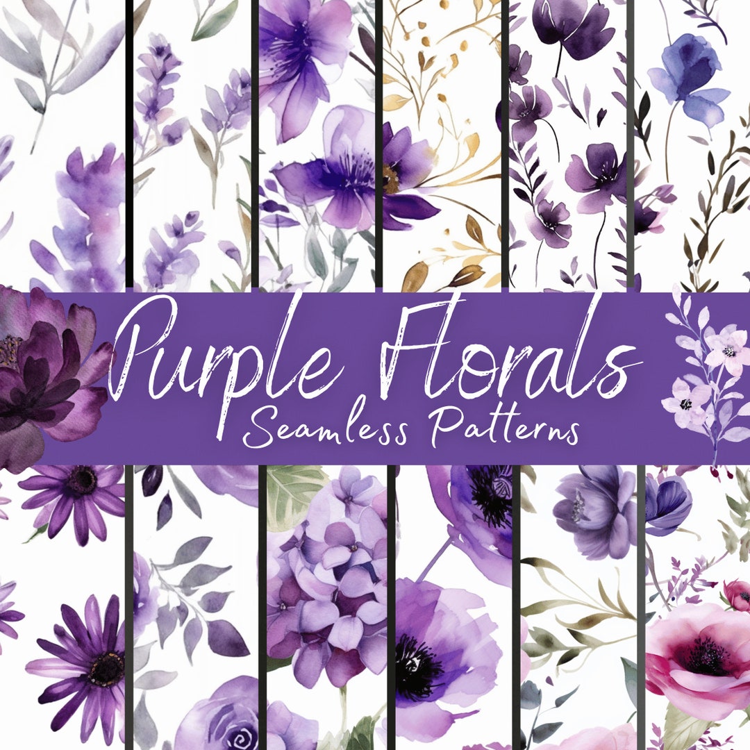 Purple Floral Digital Paper - Watercolor Flower Seamless Patterns - 12 ...