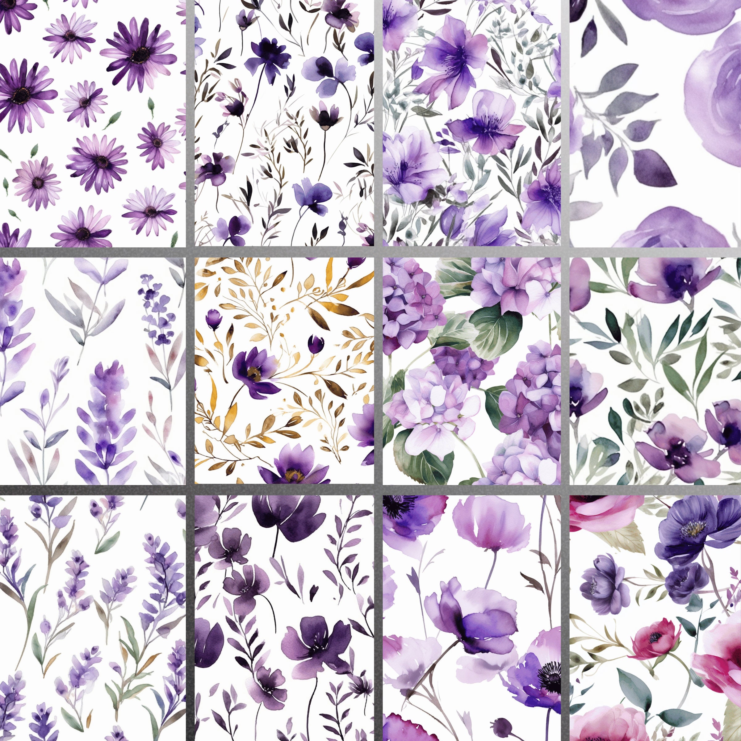 Purple Floral Digital Paper - Watercolor Flower Seamless Patterns - 12 ...