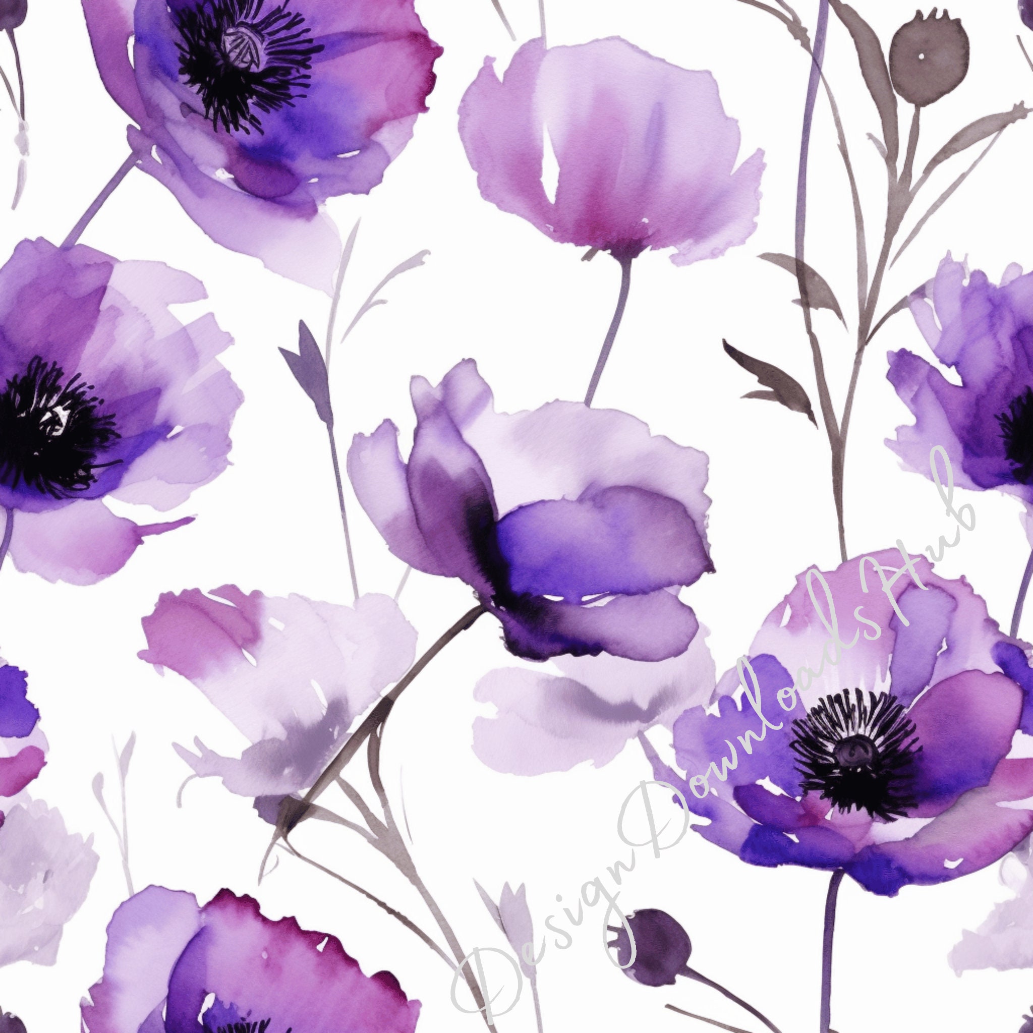 Purple Floral Digital Paper - Watercolor Flower Seamless Patterns - 12 ...