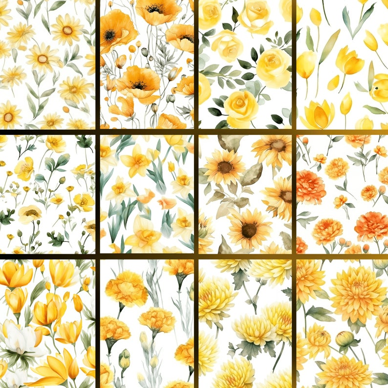 Yellow Floral Digital Paper Watercolor Flower Seamless Patterns 12 ...