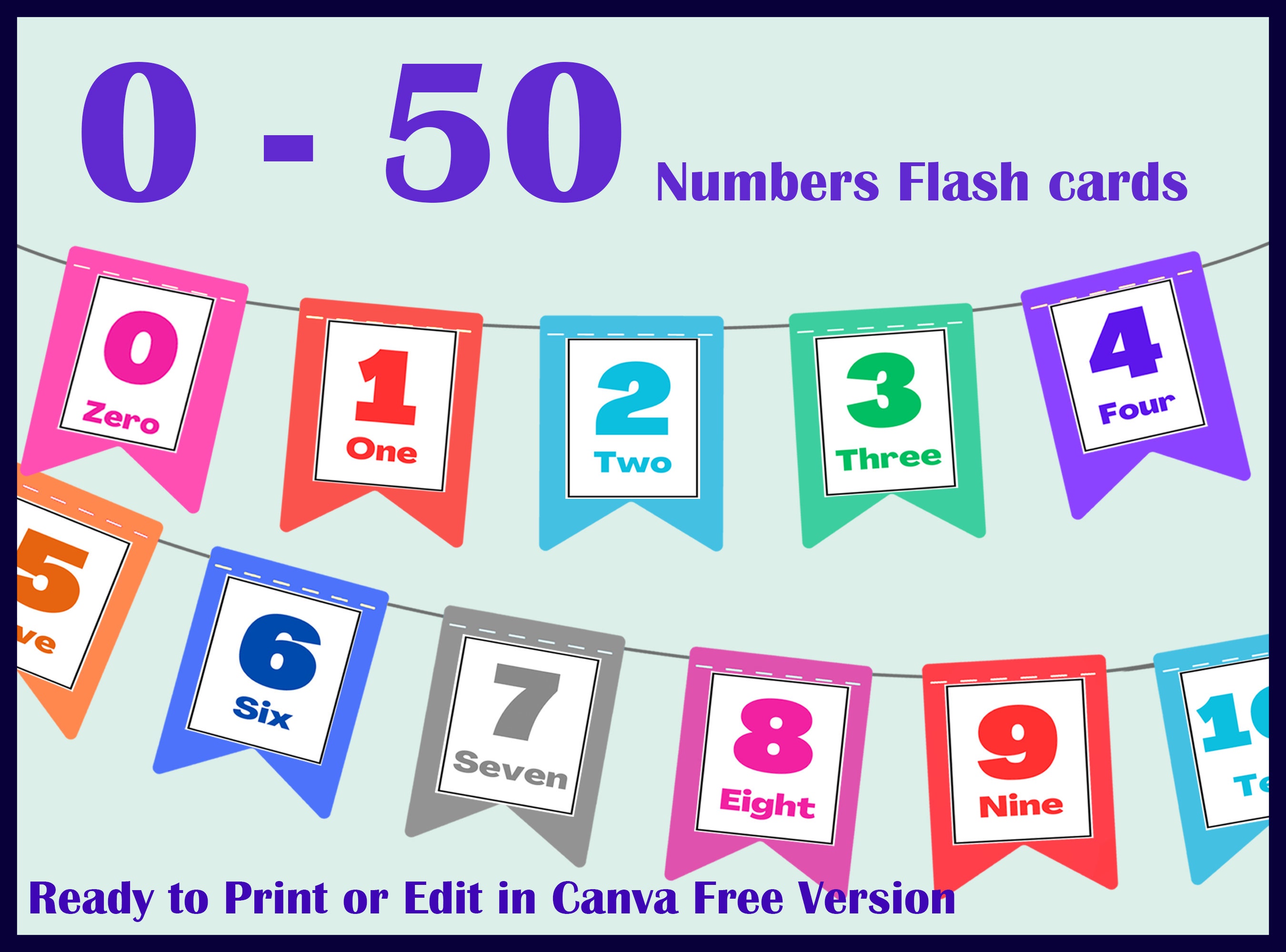Numbers Flash Cards Printable 0 - 50 | Digital Download Flash Cards for ...