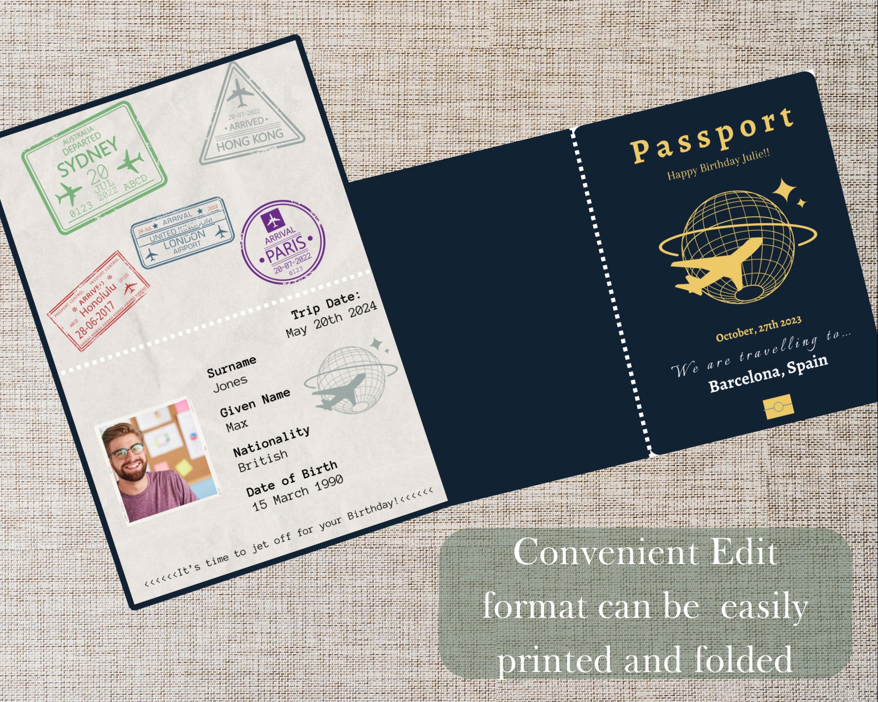 Destination Reveal Passport Gift Idea - 6 Unique Realistic Customizable ...