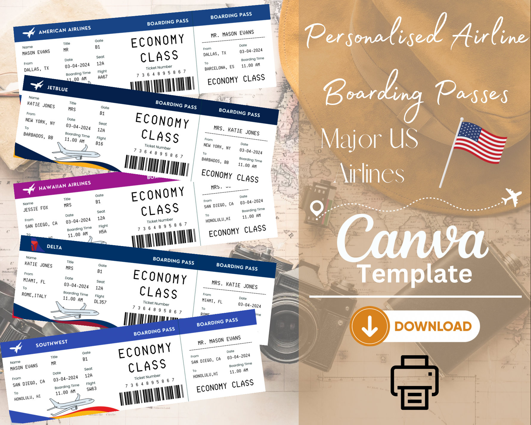 Customizable Airline Ticket – Trip Reveal Boarding Pass (digital ...