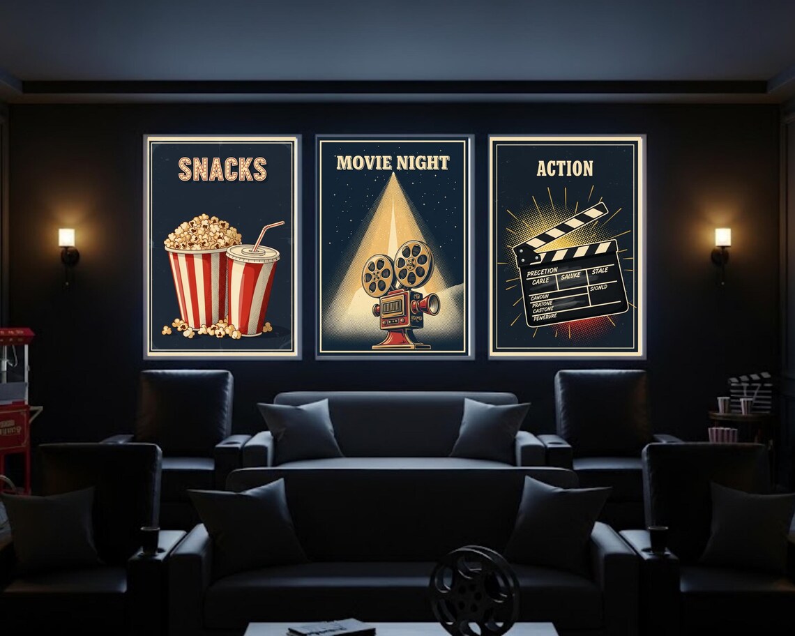 Retro Cinema Poster Set – Vintage Wall Art for Home Theater (digital ...