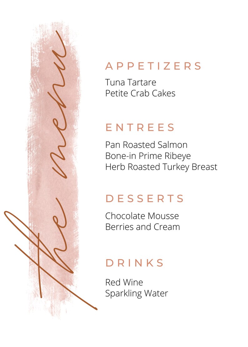 Menu Template With Terracotta Accents - Wedding Menu - Appetizers ...