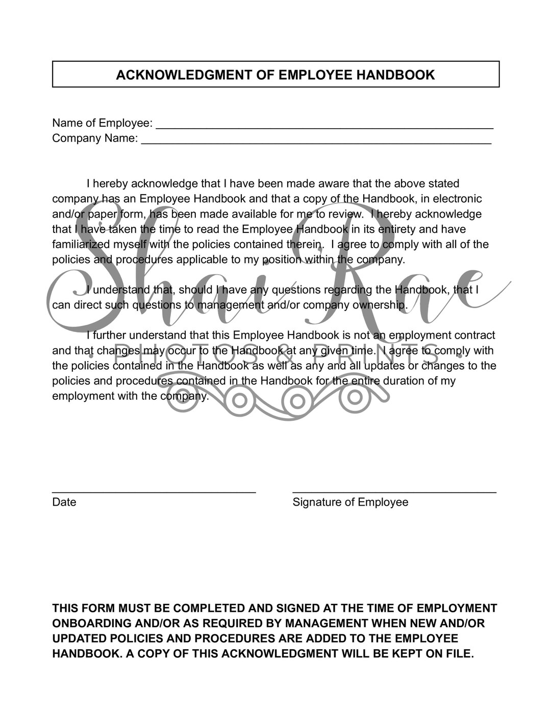 Acknowledgment of Employee Handbook Form - Etsy
