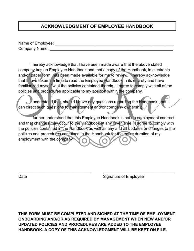 Acknowledgment of Employee Handbook Form - Etsy