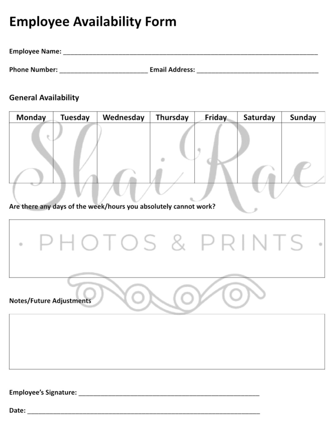 Employee Available Schedule Form - Etsy