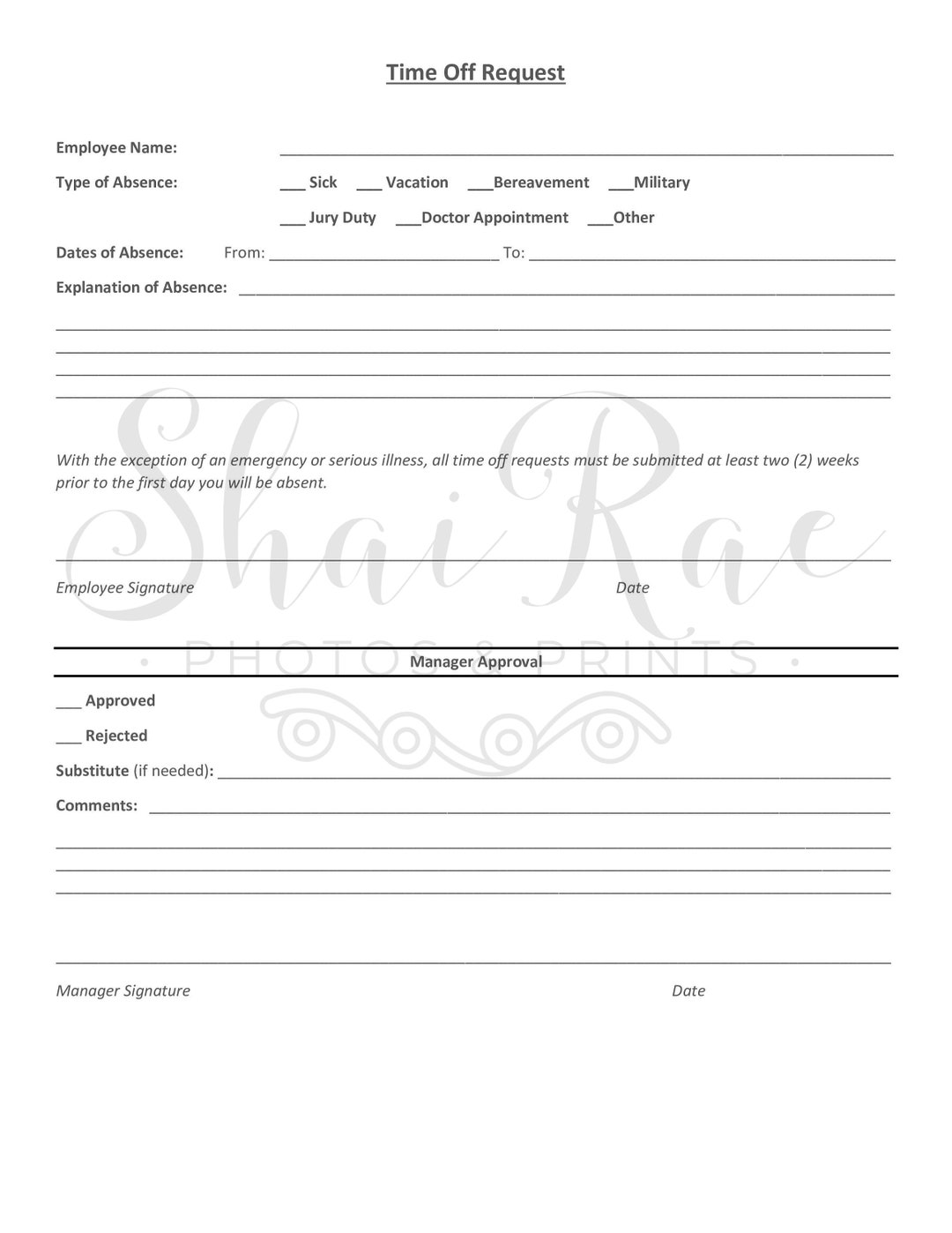 Employee Time off Request Form - Etsy