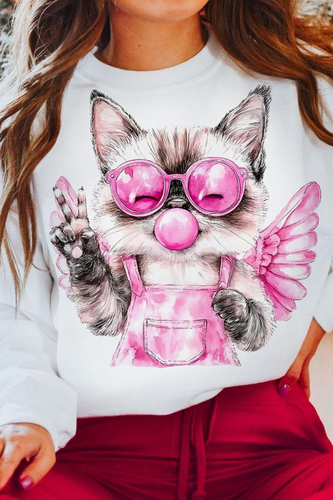 Retro Cat Blowing Bubble Png Funny Peace Sign Cat Png Pink Cat Png Cute ...