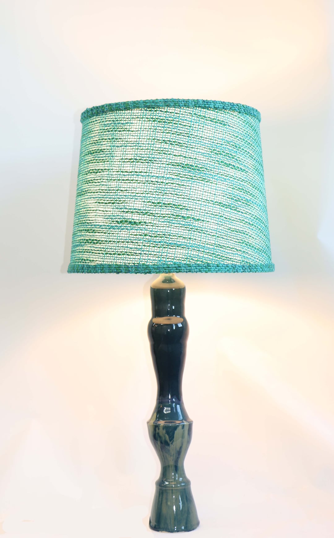 Teal Hand-built Glossy Lamp With Fringe Lampshade - Etsy