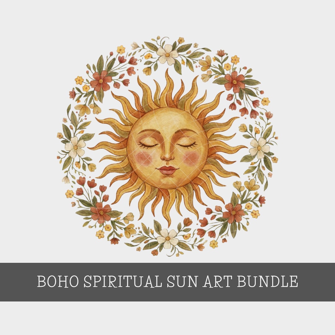 Spiritual Sun PNG Art Bundle: Celestial Bohemian Vintage Style Floral T ...