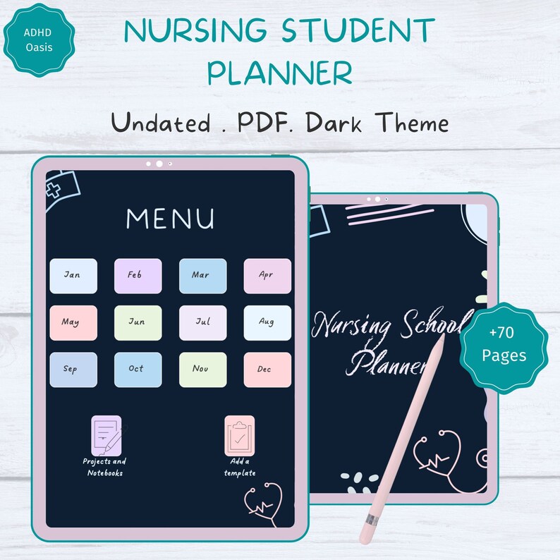 Digital Nursing School Planner Dark Theme. Undated. iPad and Android ...