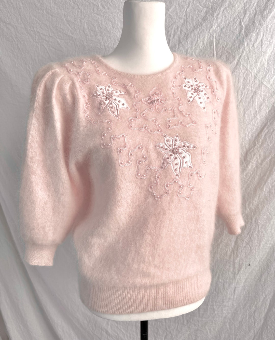 80s Vintage Angora Blend Pale Pink Sweater With Satin and Pearl Appliqué Details, Shoulder Pads ...