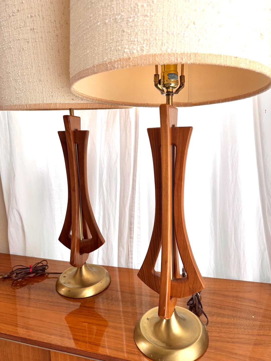 Rare Find! Pair of Large Vintage MCM Wood and Brass Table Lamps, Great ...