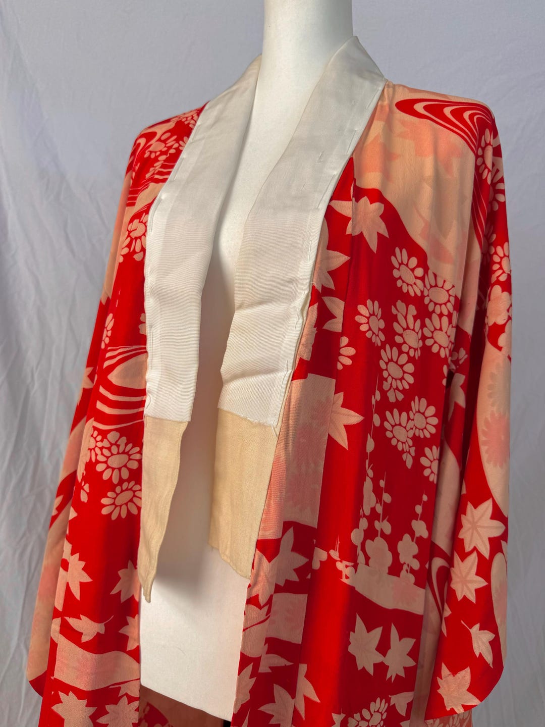 Vintage Hand-stitched Kimono Robe: Red Floral Abstract Pattern - Etsy