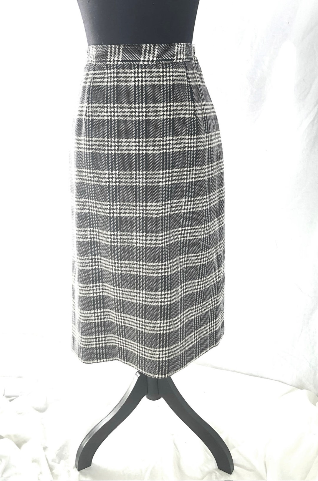 Vintage Black & White Plaid Wool Skirt, Midi/ankle Length 30" Waist ...