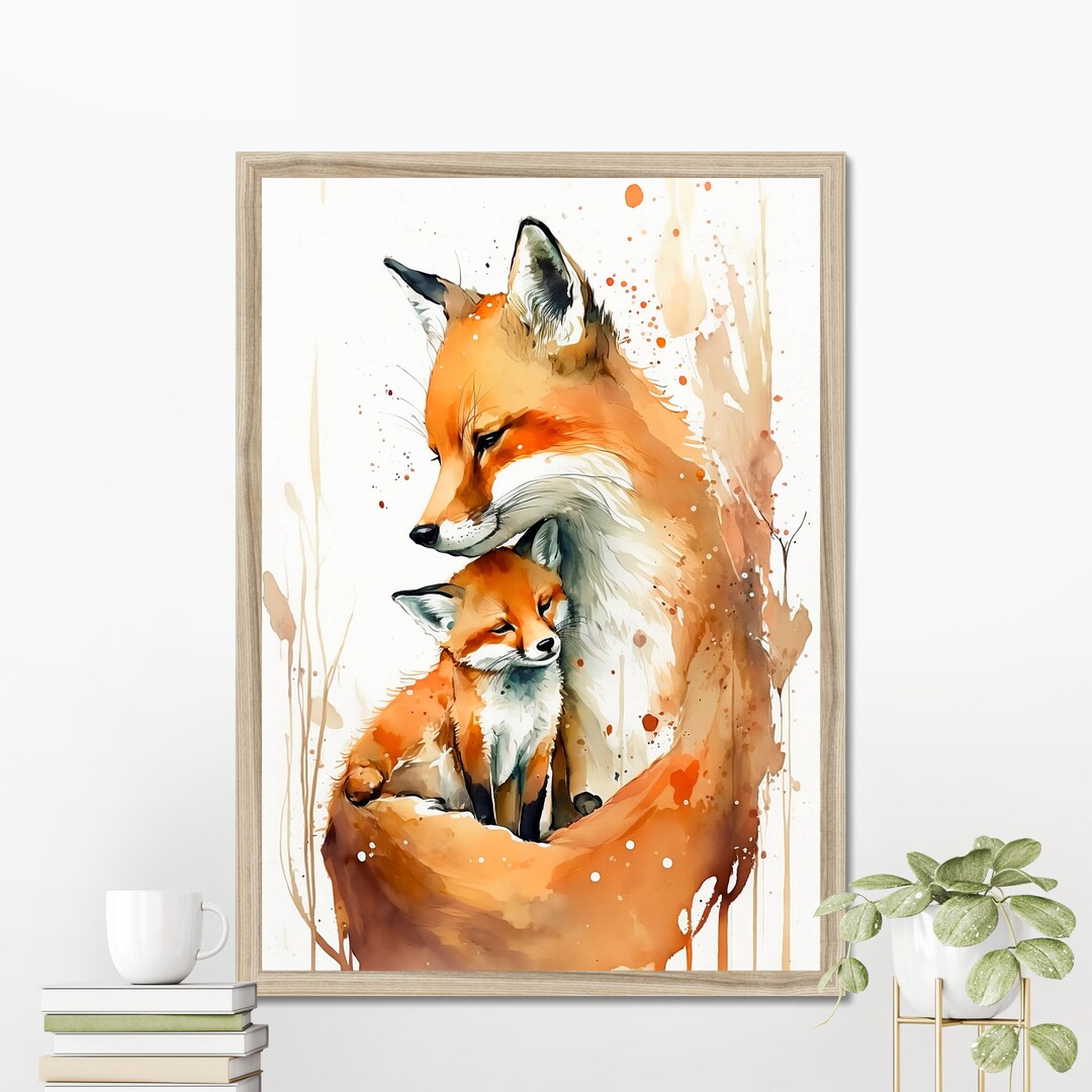 Mother Fox With Her Cub / Watercolor / Poster / Wall Picture / Instant ...