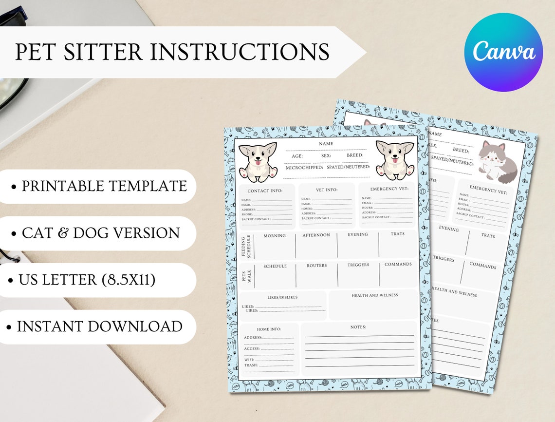 Pet Sitter Instruction Guide & Notes - Fillable, Printable and Canva ...