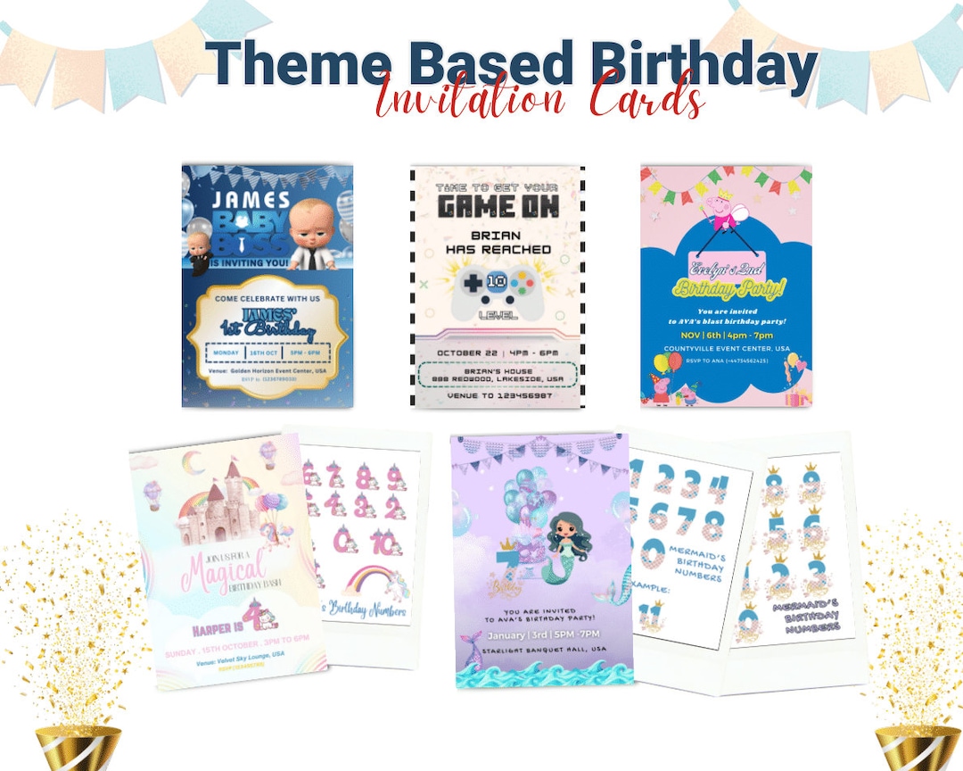 Theme Based Editable Birthday Party Digital Invitation Bundle,text ...