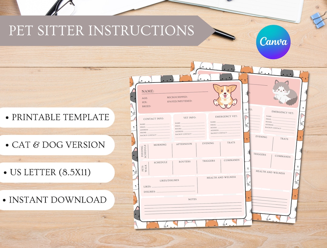 Pet Sitter Instruction Guide & Notes - Fillable, Printable and Canva ...