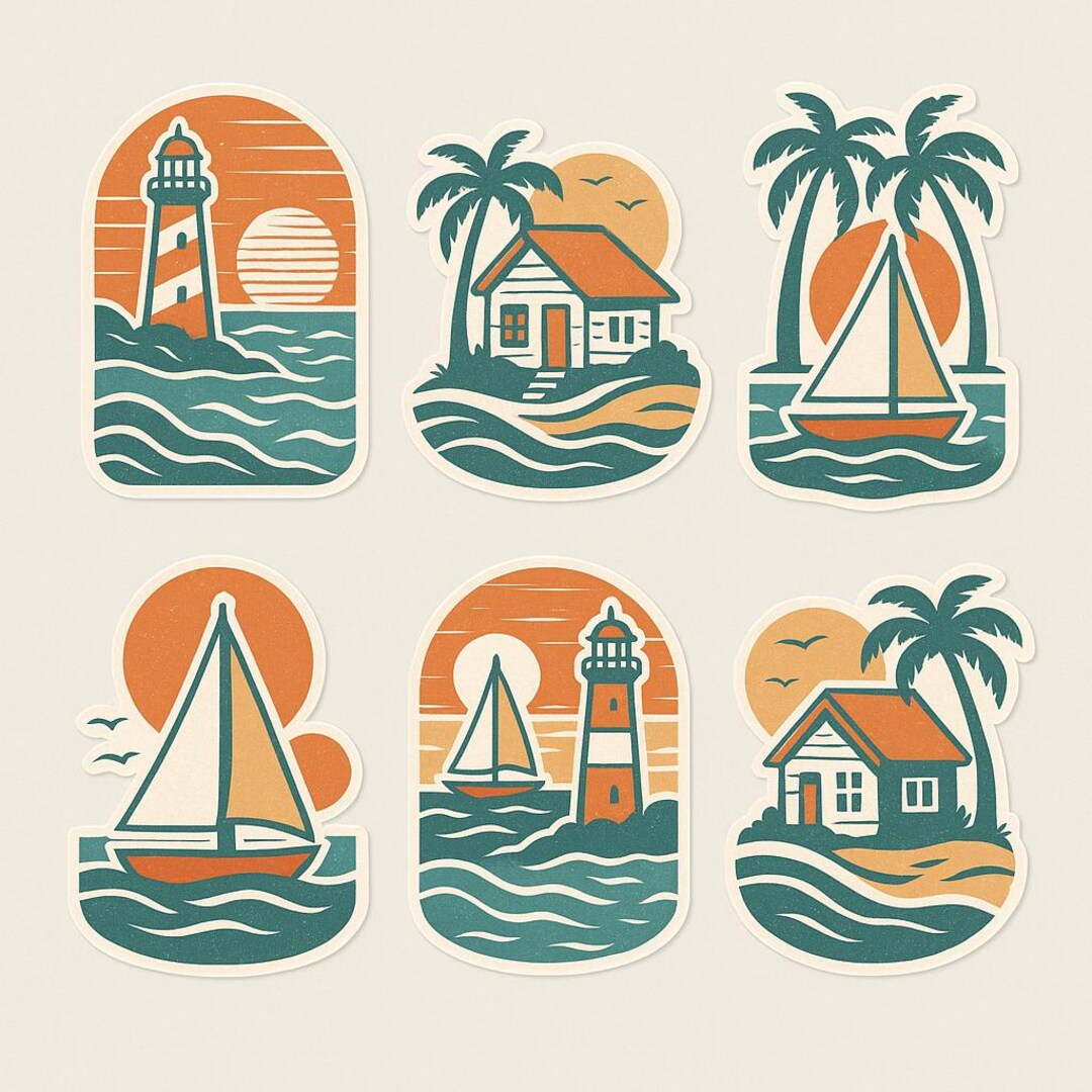 Retro Seaside Sticker Sheet – Vintage Coastal Beach House, Sailboat ...
