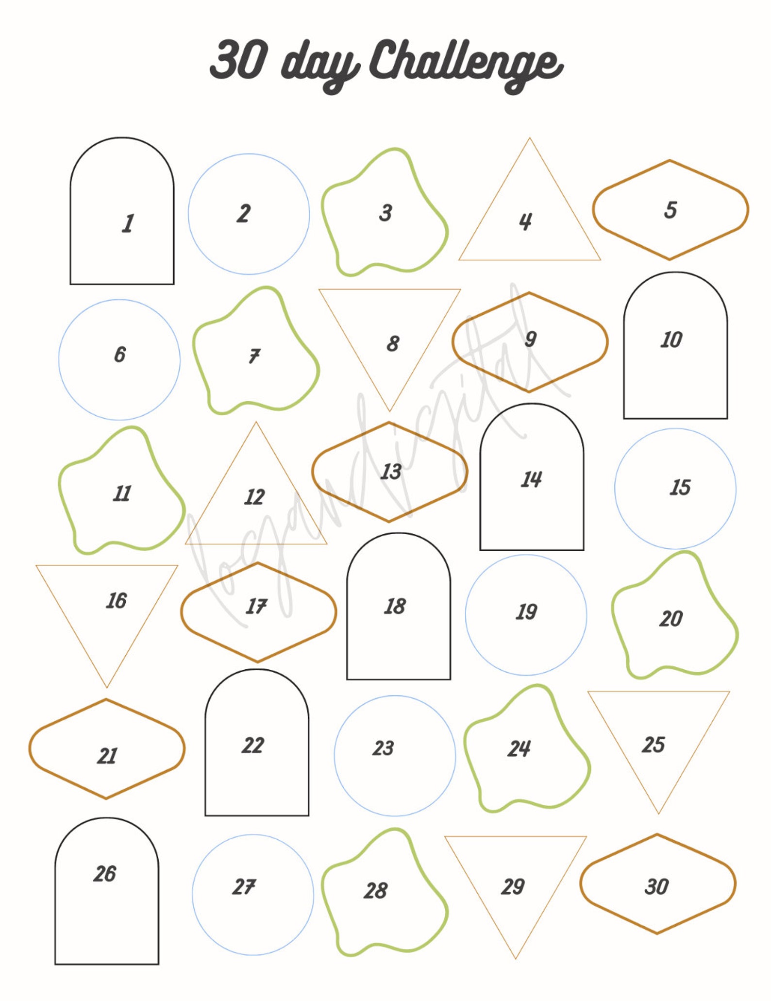 30 Day Shape Challenge, Multi Printable Colorable Chart, Challenge ...