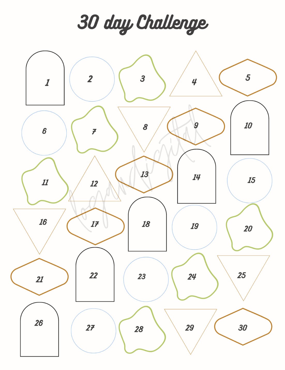 30 Day Shape Challenge, Multi Printable Colorable Chart, Challenge ...