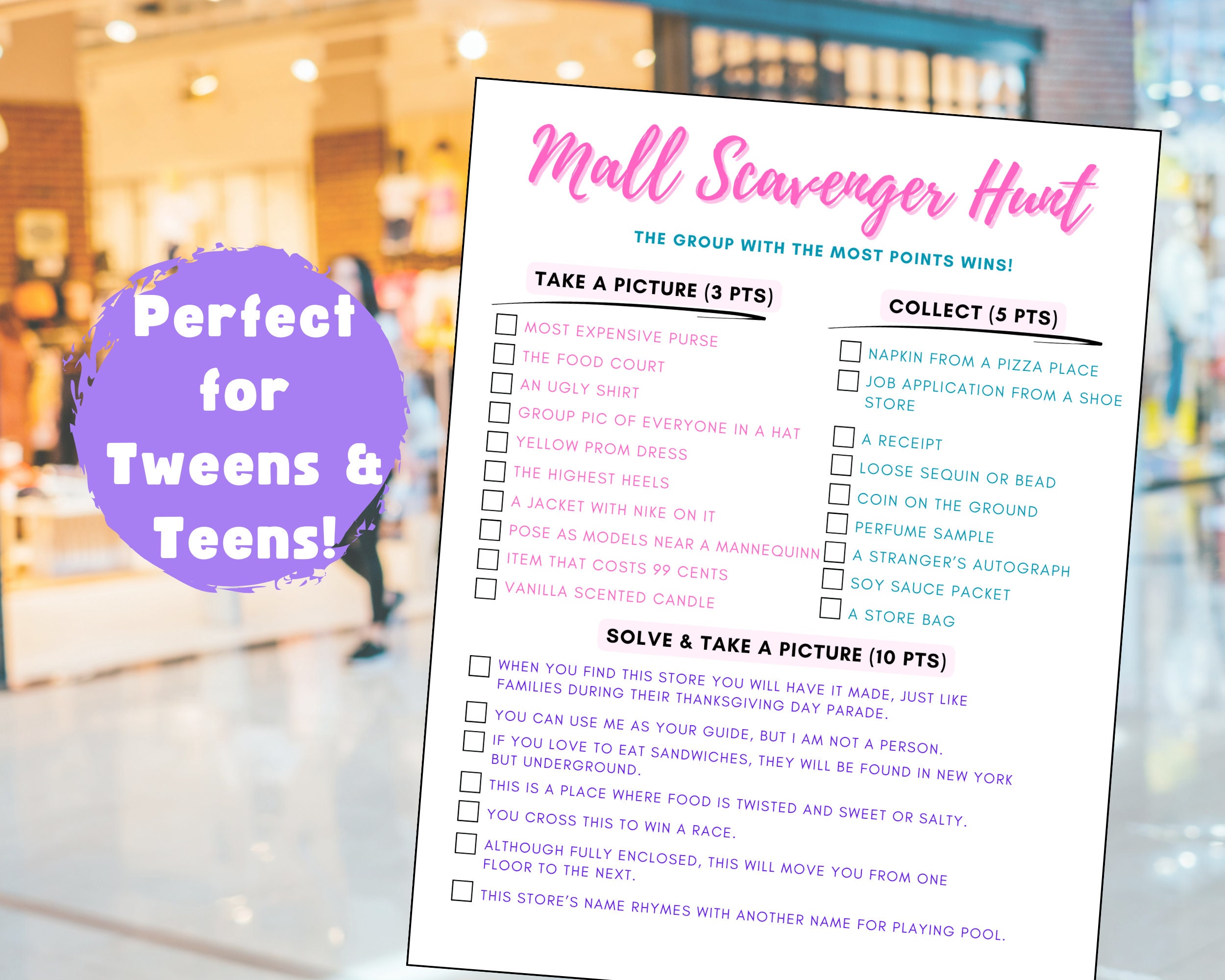 Indoor Teen Scavenger Hunt, Mall Birthday Party, Mall Scavenger Hunt ...