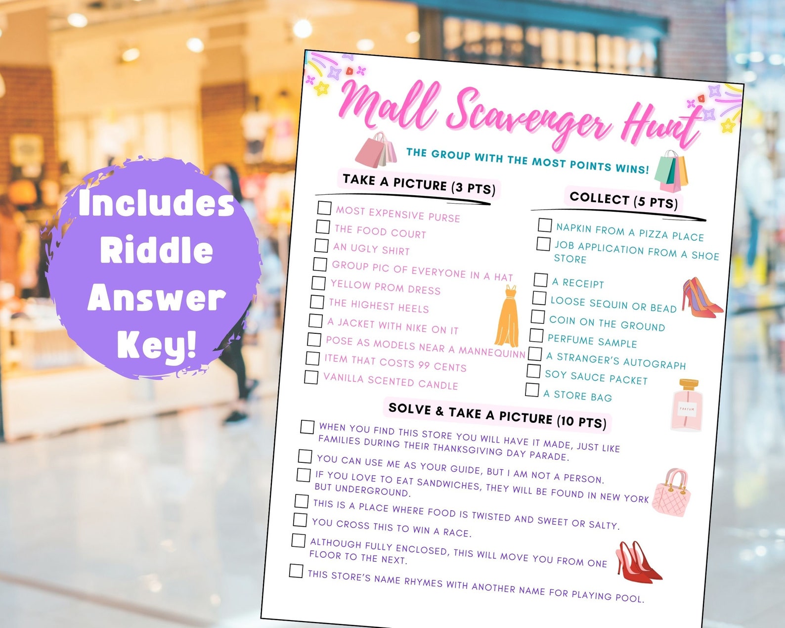 Indoor Teen Scavenger Hunt, Mall Birthday Party, Mall Scavenger Hunt ...