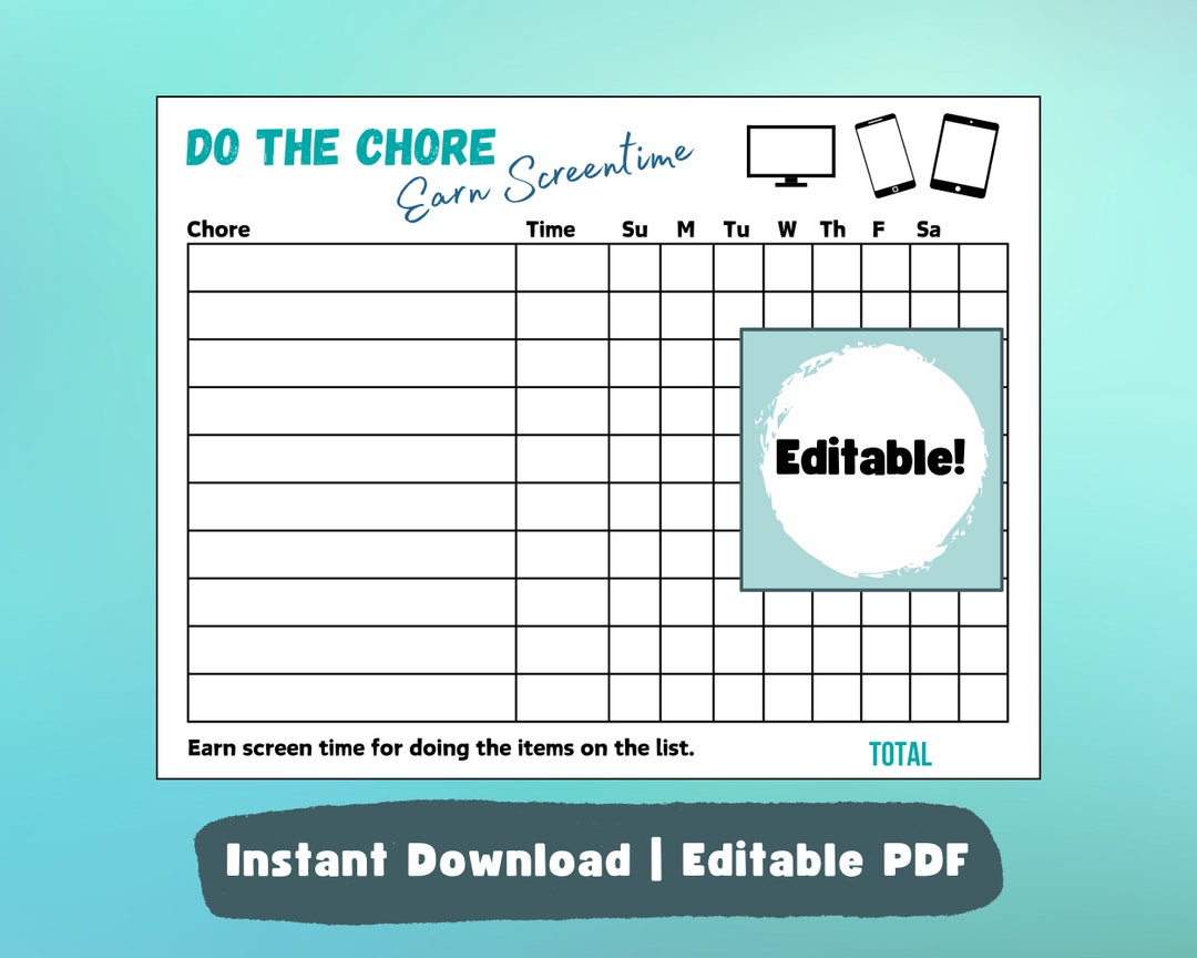 Screen Time | Editable Kids Chore Charts | Kids To-do List | Daily ...