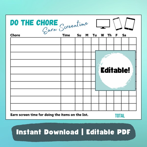 Kids Screen Time Checklist | Editable Chore Chart for Kids - Etsy