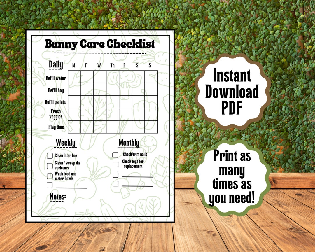 Bunny and Rabbit Daily Weekly Chore Chart, Petsitter Tasks, Rabbit Care ...