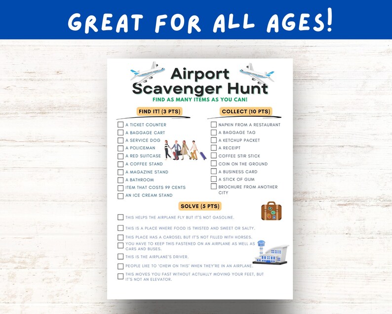 Airport Scavenger Hunt for Kids, Travel Treasure Hunt, Family Vacation ...