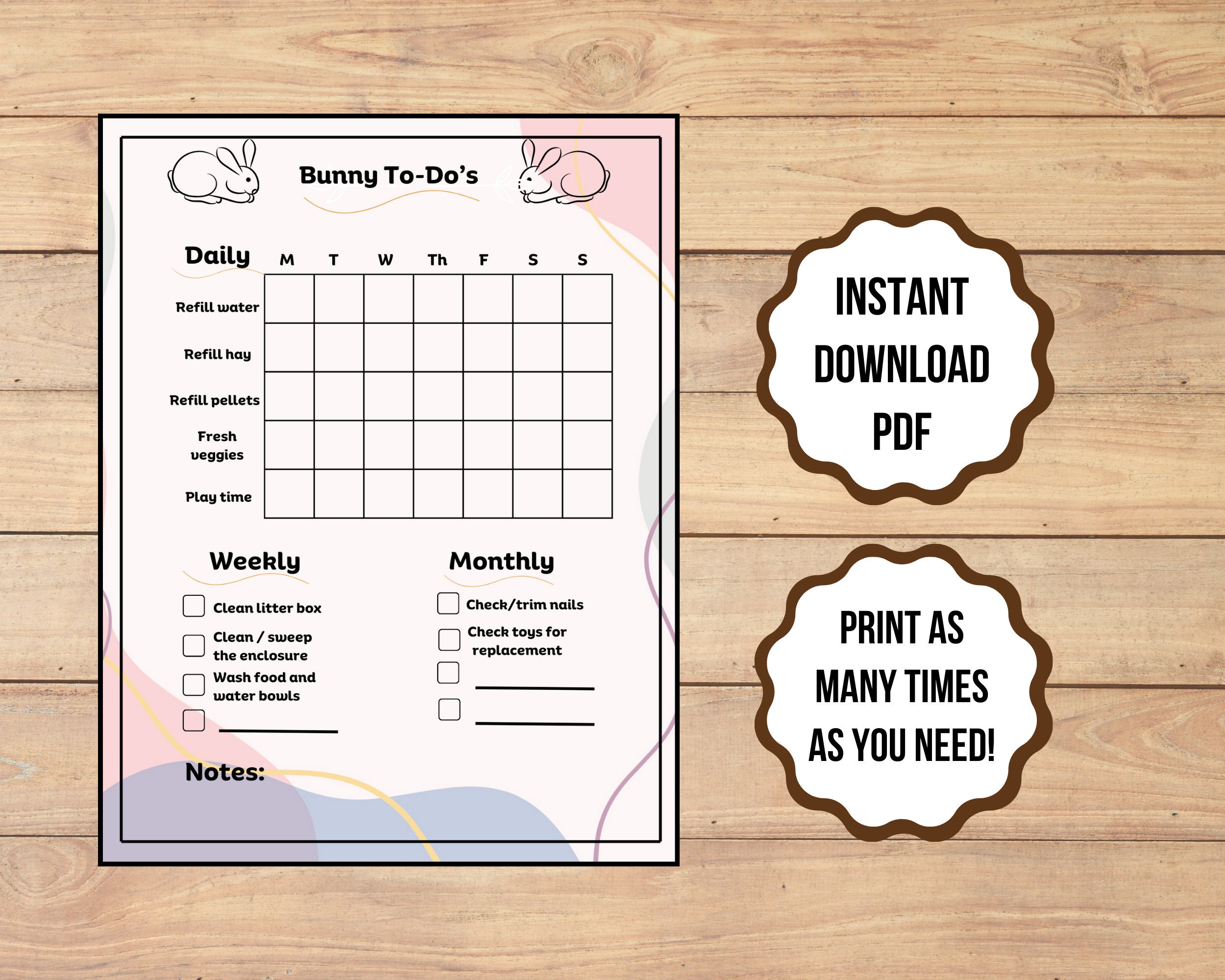 Rabbit Care Chart, Bunny Rabbit Daily Care, Rabbit Daily & Weekly Chore ...