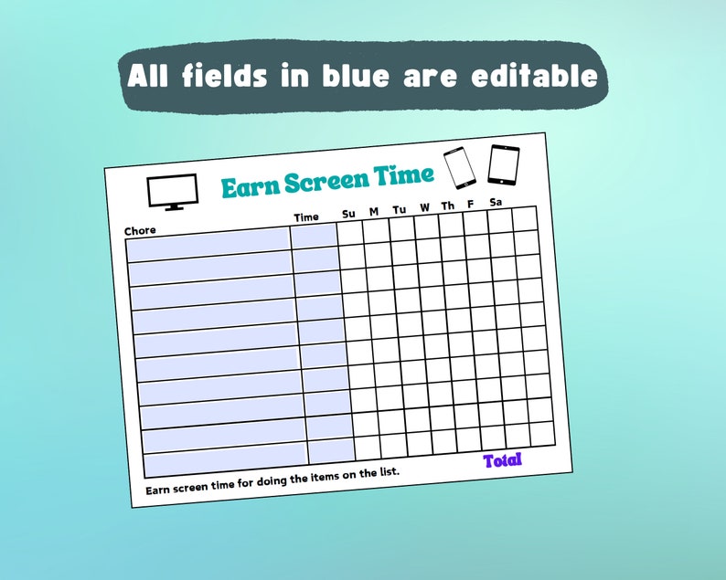 Screen Time | Editable Kids Chore Charts | Kids To-do List | Daily ...