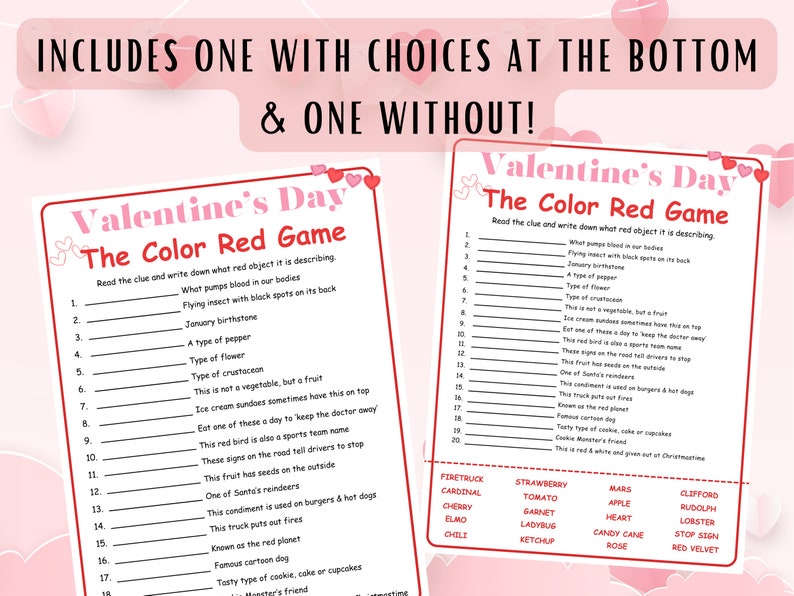 Valentine's Day the Color Red Game, Valentine's Trivia Game, Printable ...