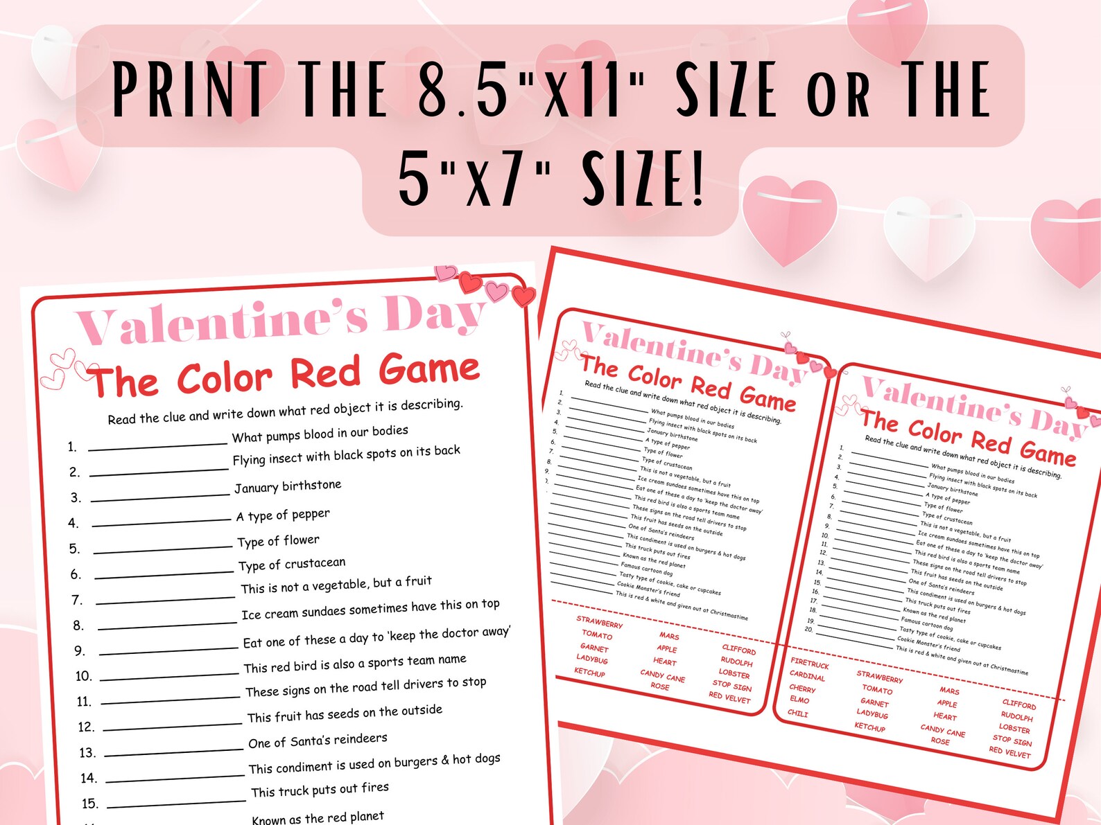 Valentine's Day the Color Red Game, Valentine's Trivia Game, Printable ...