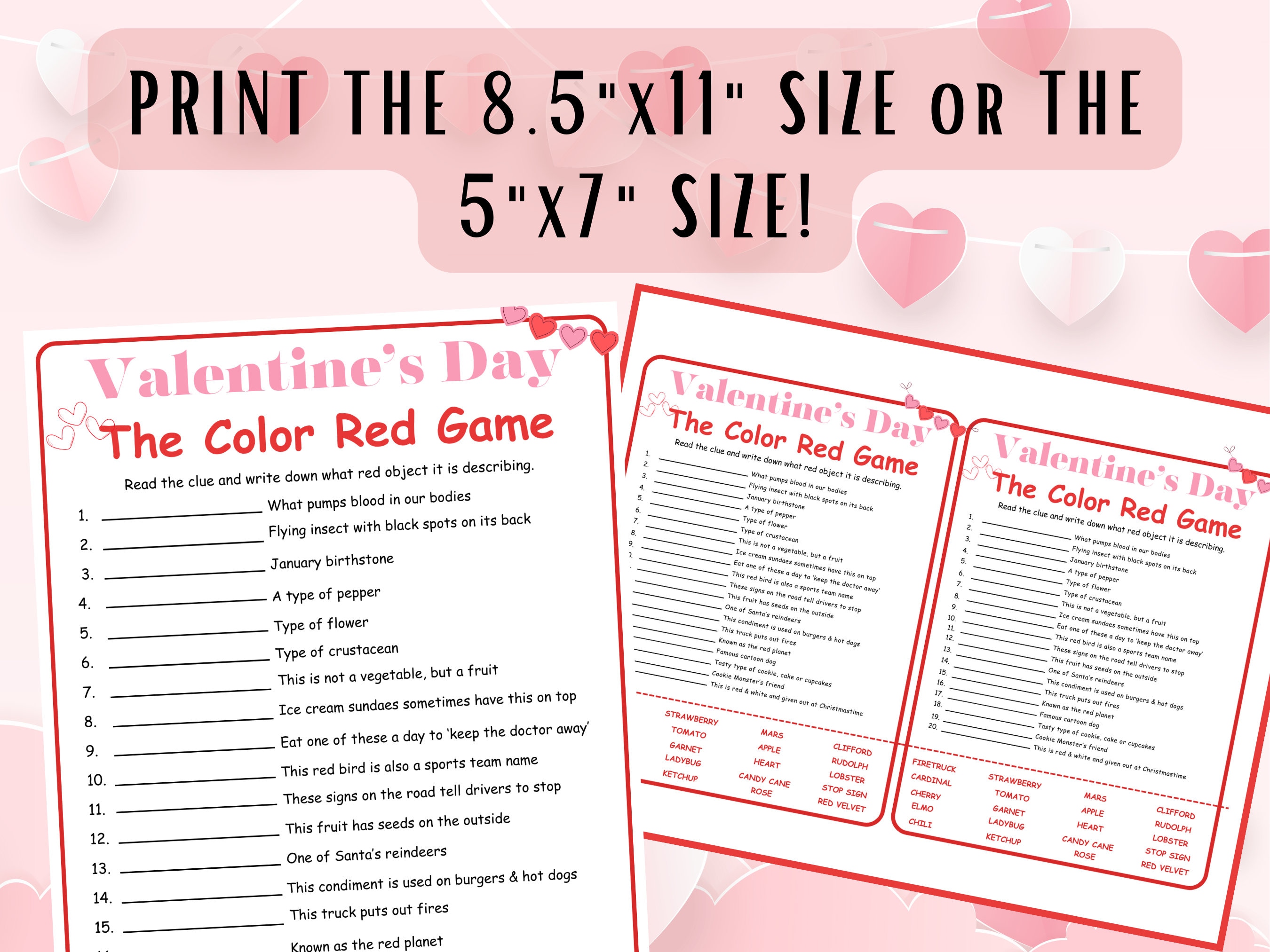 Valentine's Day the Color Red Game, Valentine's Trivia Game, Printable ...