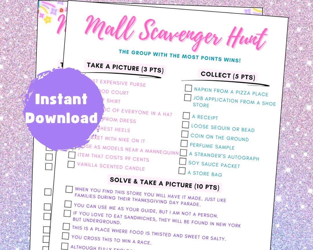 Indoor Teen Scavenger Hunt, Mall Birthday Party, Mall Scavenger Hunt ...