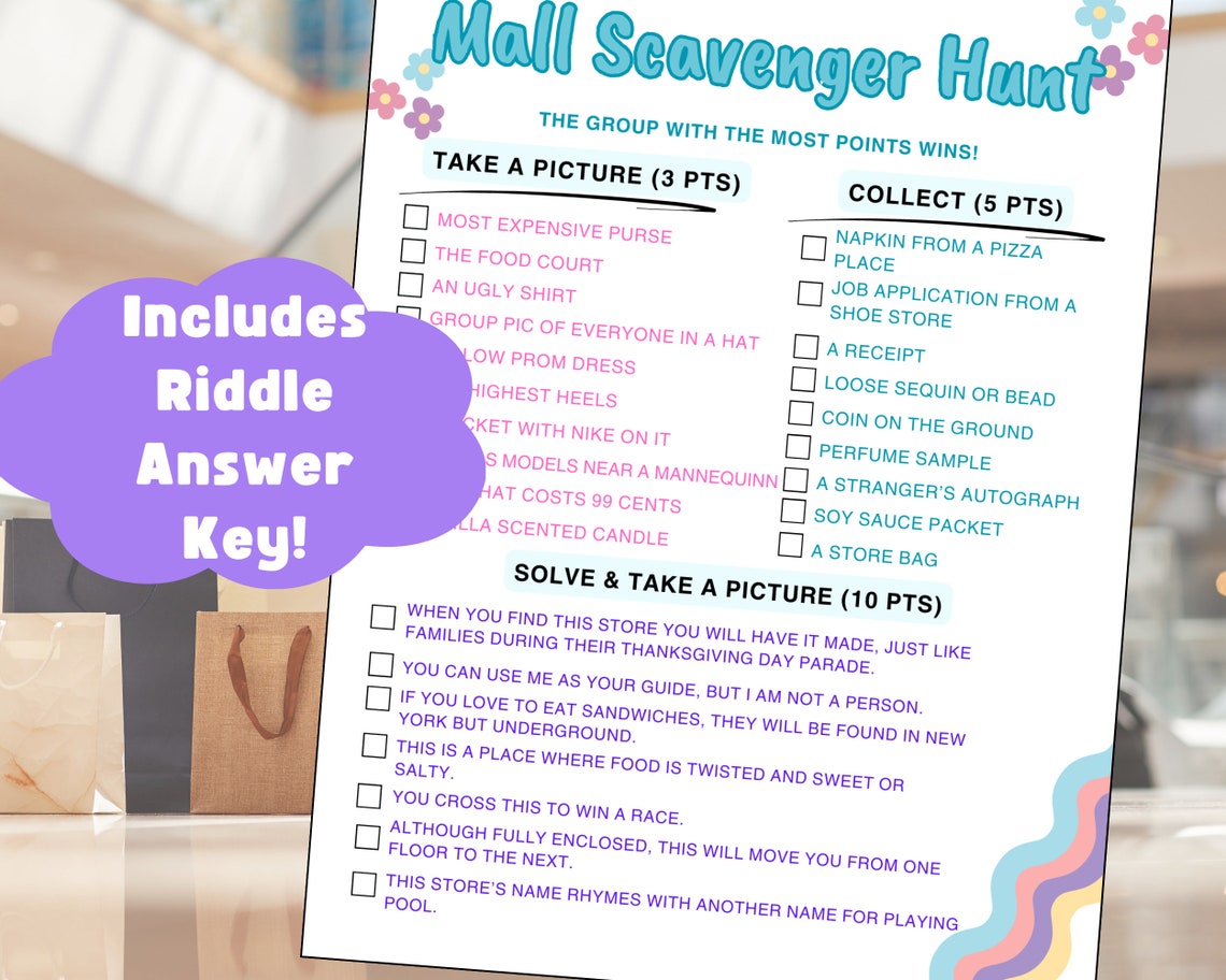 Scavenger Hunt Mall Party | Shopping Scavenger Hunt | Digital Diy ...