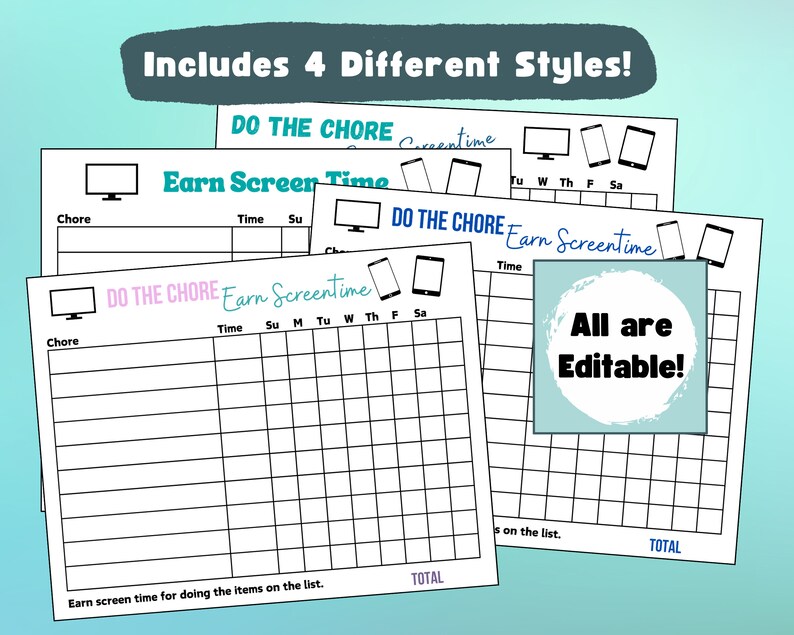 Screen Time | Editable Kids Chore Charts | Kids To-do List | Daily ...