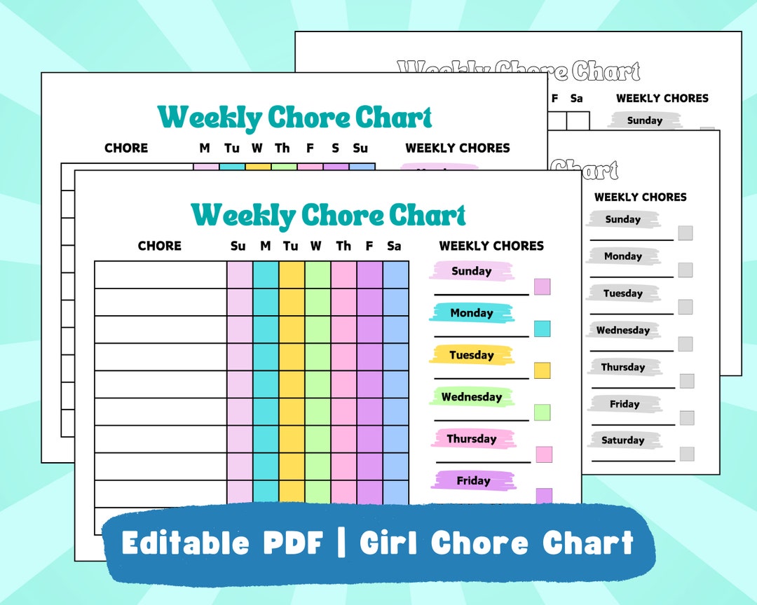 Girl Chore Chart | Kid Chore Chart | Editable Template | Printable ...