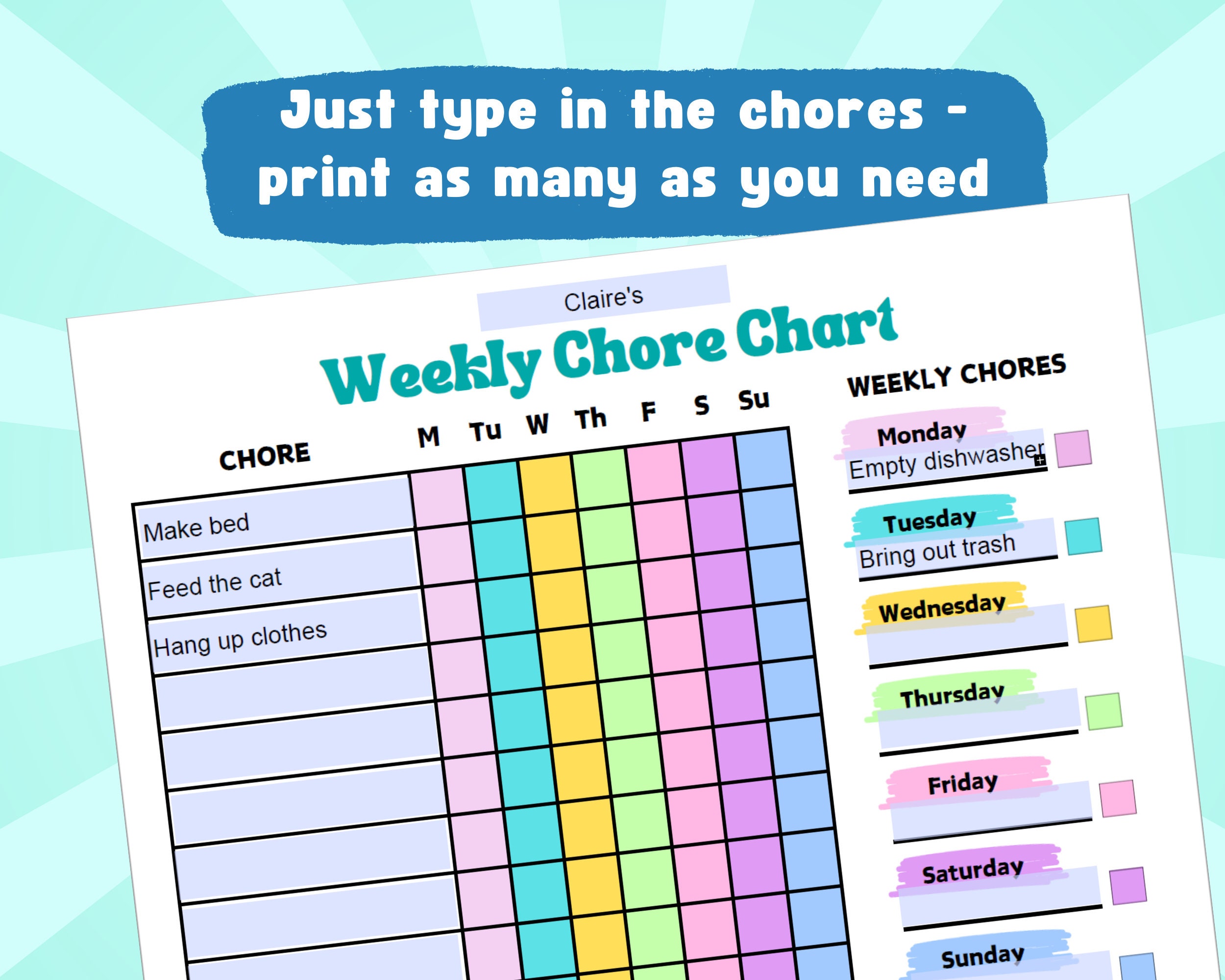 Girl Chore Chart Kid Chore Chart Editable Template Printable Chore ...
