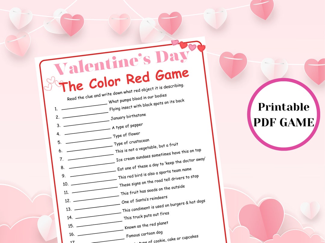 Valentine's Day the Color Red Game, Valentine's Trivia Game, Printable ...