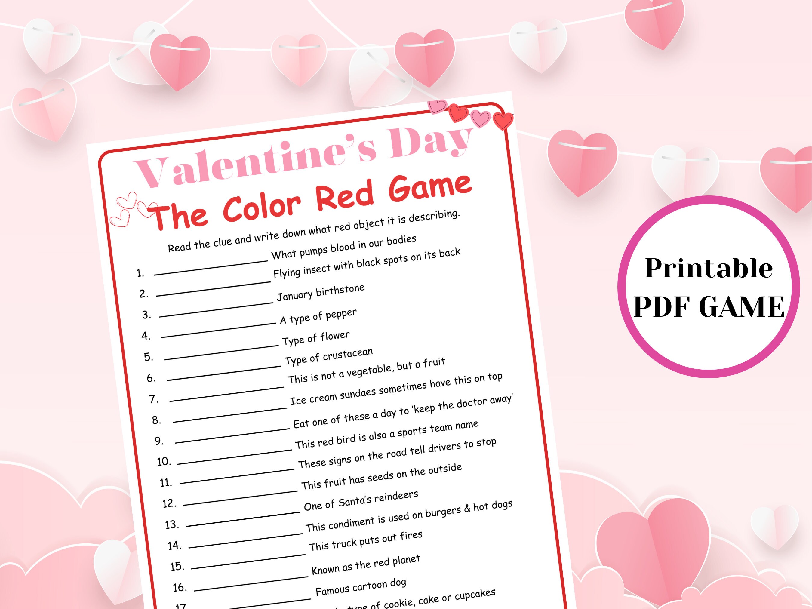 Valentine's Day the Color Red Game, Valentine's Trivia Game, Printable ...