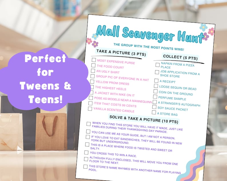 Scavenger Hunt Mall Party | Shopping Scavenger Hunt | Digital Diy ...