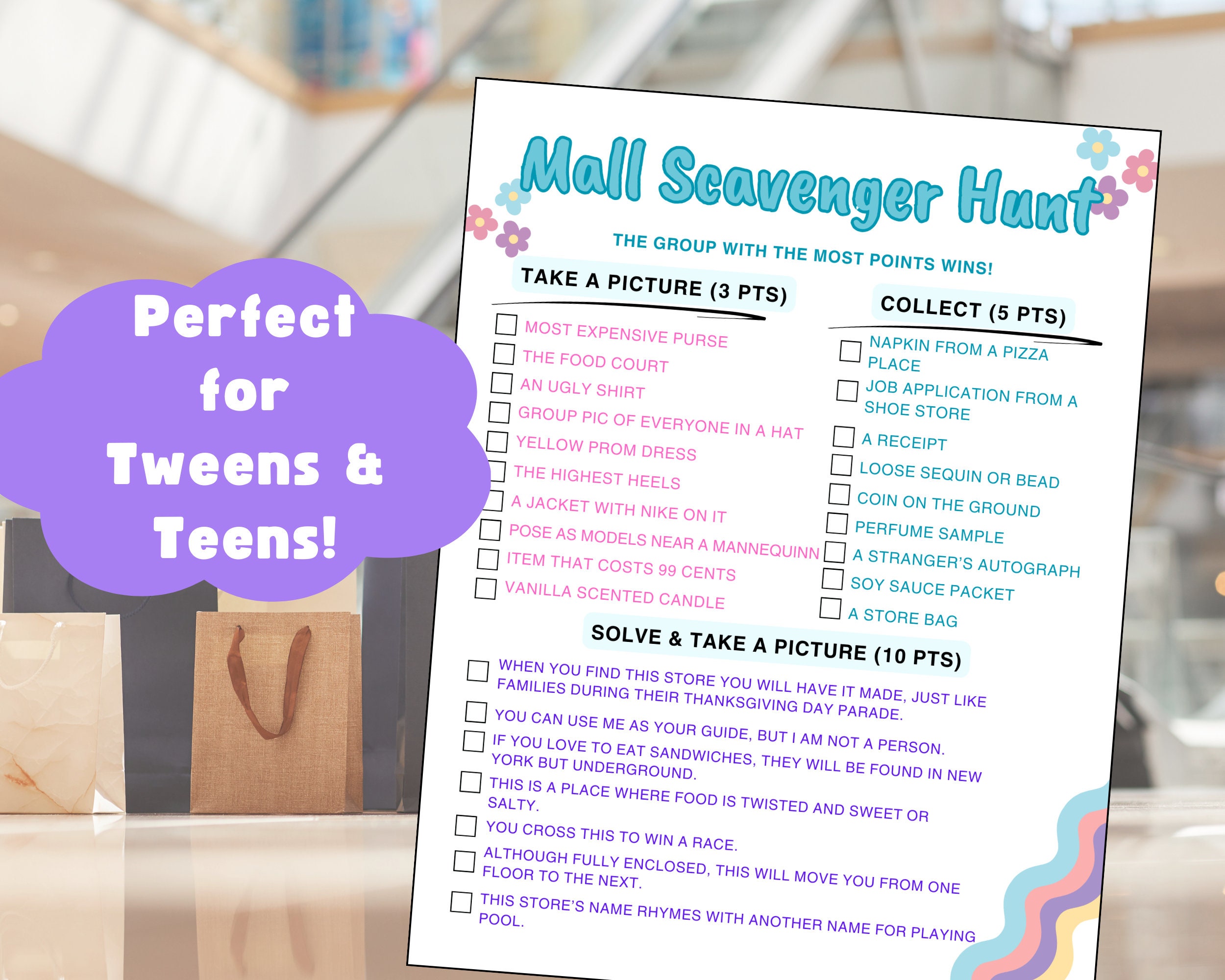 Scavenger Hunt Mall Party | Shopping Scavenger Hunt | Digital Diy ...