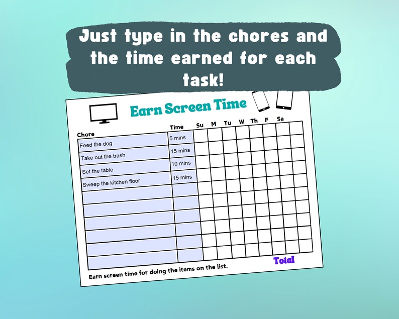 Screen Time Editable Kids Chore Charts Kids To-do List Daily Checklist ...